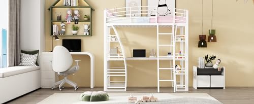 ALYSAHOME Twin Size Loft Bed with 4 Layers of Shelves and L-Shaped Desk, Stylish Metal Frame Bed with a Set of Sockets, USB Ports and and Wireless Charging, White