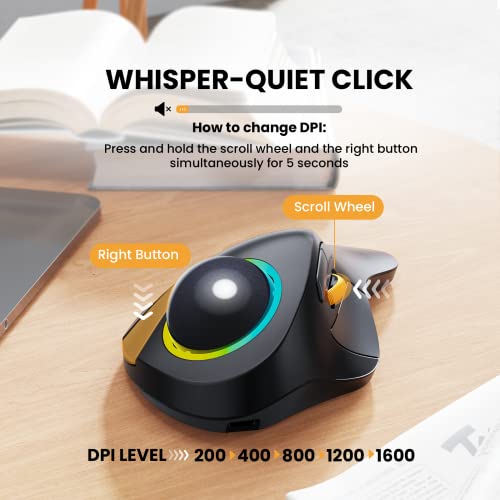 ProtoArc Wireless Bluetooth Trackball Mouse, EM03 Ergonomic RGB Rollerball Mouse Rechargeable Computer Laptop Mouse, 3 Device Connection&Index Finger Control for iPad, Mac, Windows-Black