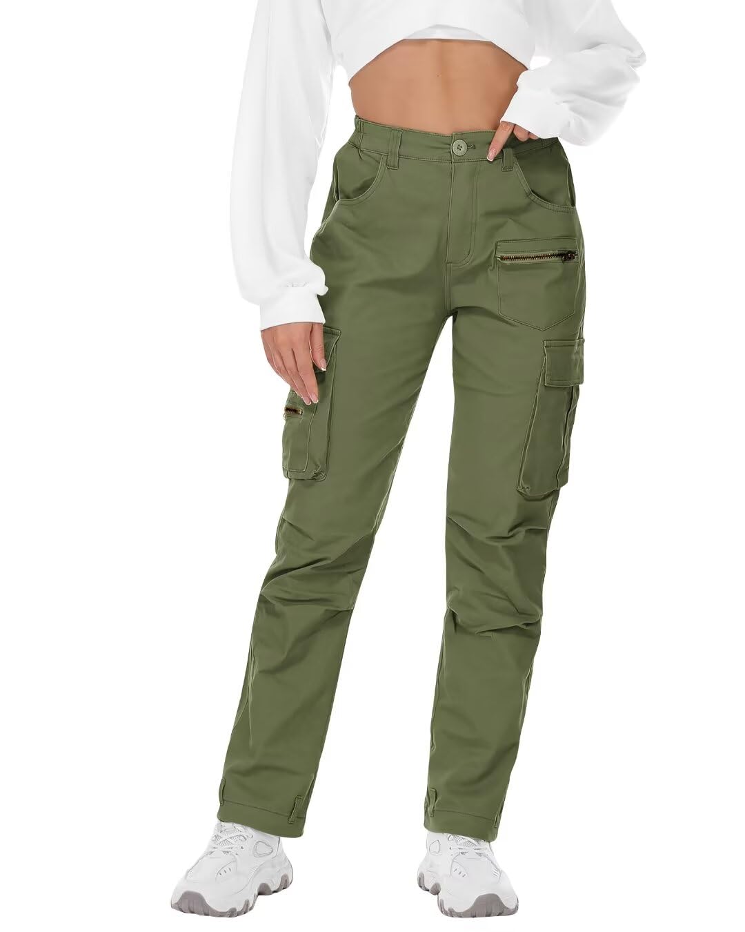 AKARMY Women's Relaxed Fit Cargo Pants Outdoor Sport Hiking Pants Casual Pants Parachute Pants with Zipper Pockets 8611 Military Green 10