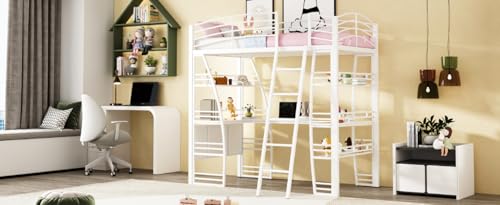 ALYSAHOME Twin Size Loft Bed with 4 Layers of Shelves and L-Shaped Desk, Stylish Metal Frame Bed with a Set of Sockets, USB Ports and and Wireless Charging, White