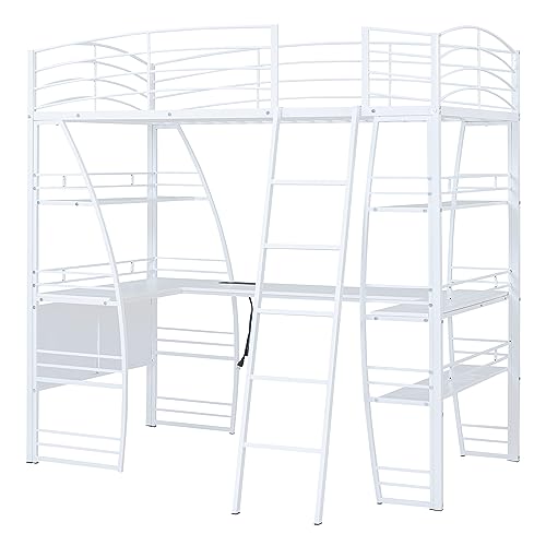 ALYSAHOME Twin Size Loft Bed with 4 Layers of Shelves and L-Shaped Desk, Stylish Metal Frame Bed with a Set of Sockets, USB Ports and and Wireless Charging, White
