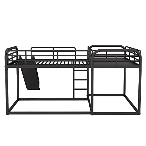 DEYOBED Full and Twin Size Bunk Bed with Slide and Short Ladder, L-Shaped Bunk Bed Frame for 4, Ideal Solid Mental Bed Frame for Kids, Black