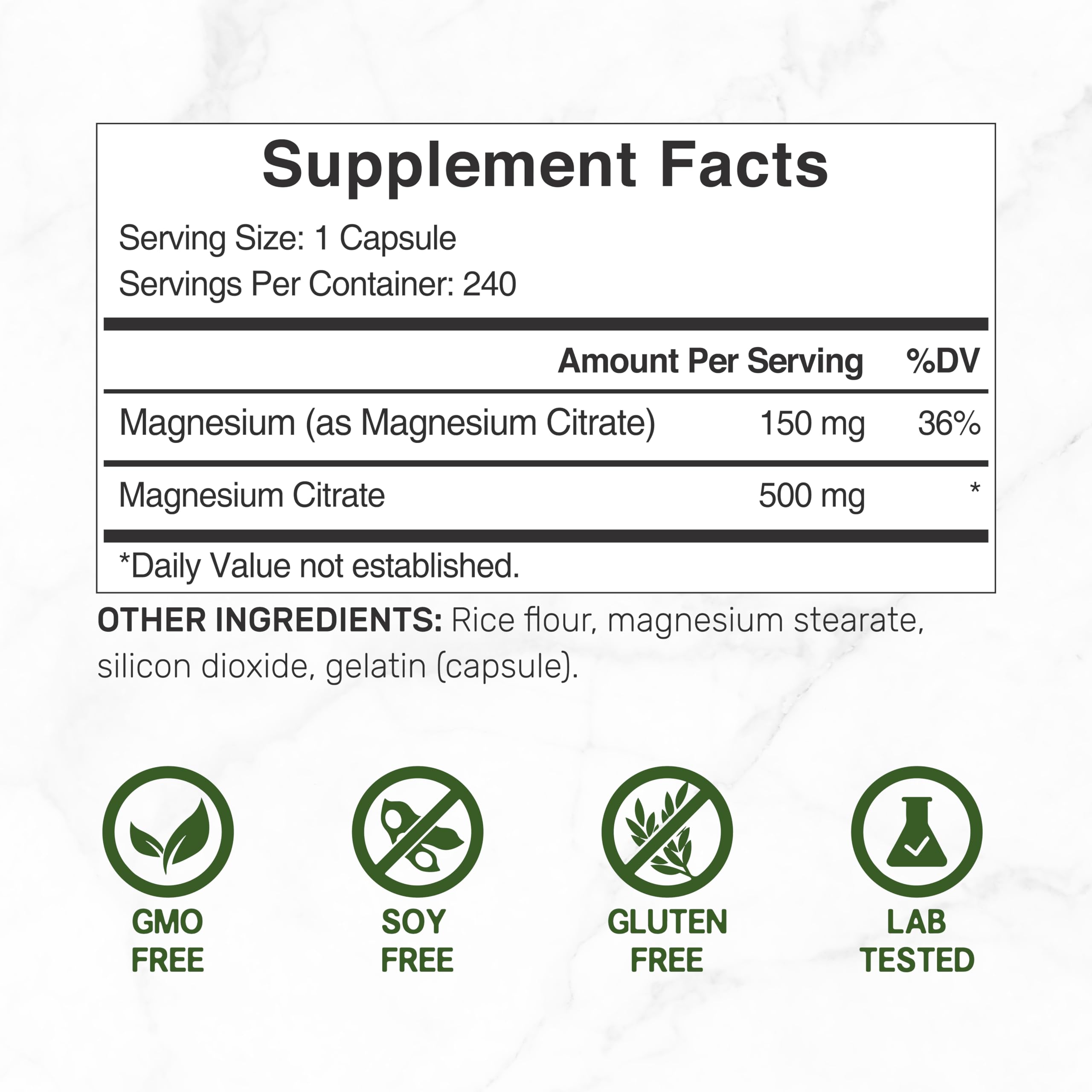 DEAL SUPPLEMENT Magnesium Citrate 500mg, 240 Capsules | Easily Absorbed, Purified Trace Mineral β Muscle, Heart, & Digestive Support β One a Day, Non-GMO