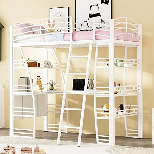 ALYSAHOME Twin Size Loft Bed with 4 Layers of Shelves and L-Shaped Desk, Stylish Metal Frame Bed with a Set of Sockets, USB Ports and and Wireless Charging, White