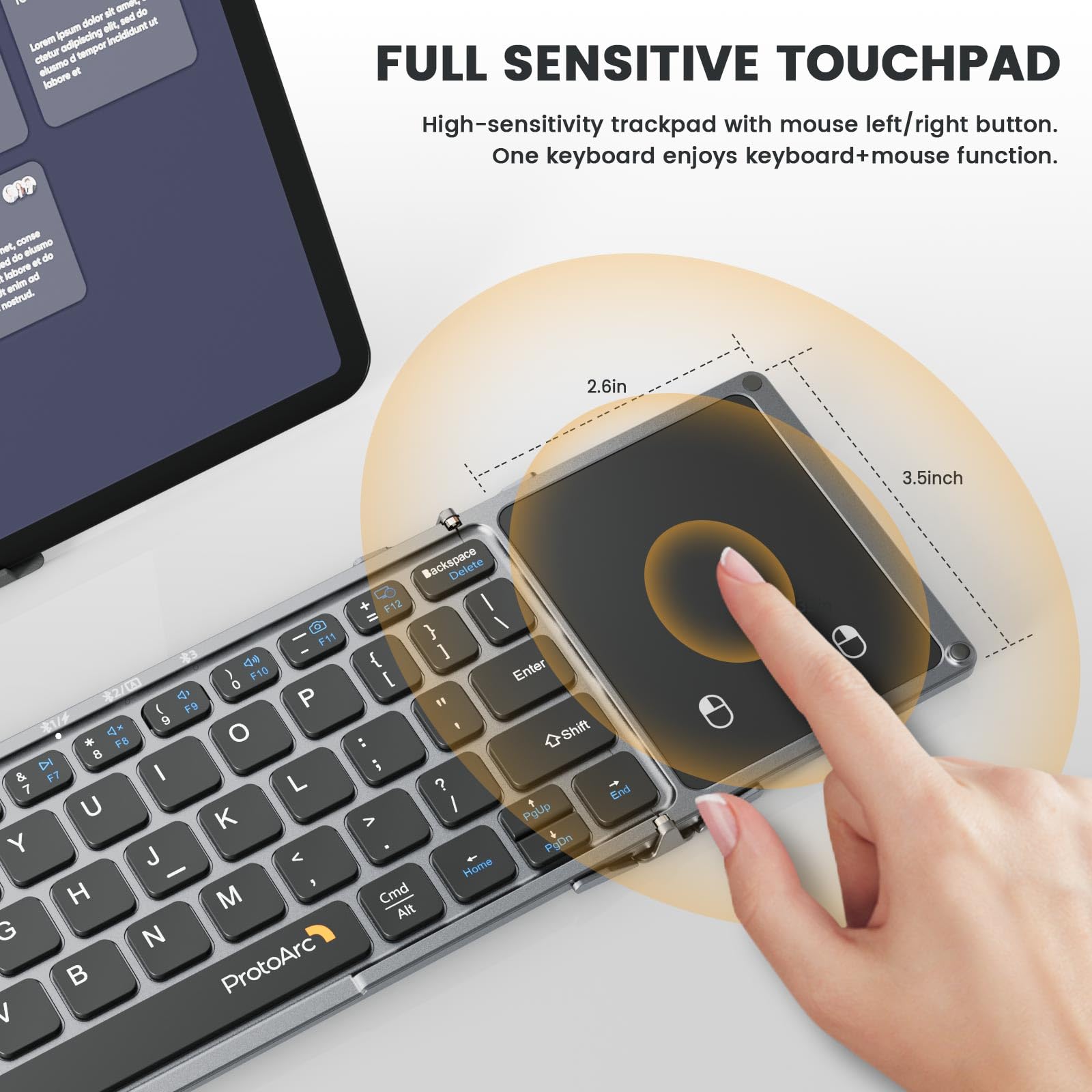 ProtoArc Foldable Bluetooth Keyboard with Touchpad, XK02 Folding Wireless Keyboard for Travel, Pocket-Sized Compact Portable Keyboard for iPad iPhone Tablet Laptop Windows iOS Android