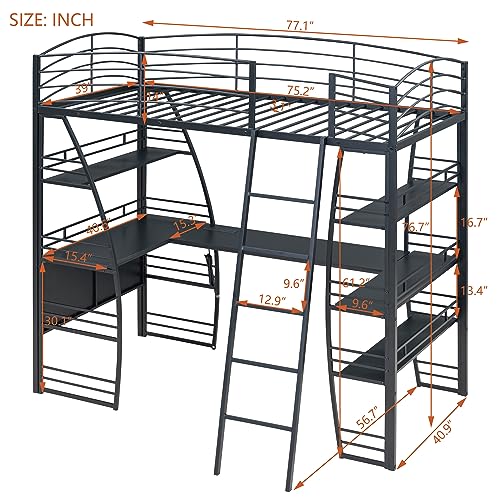 ALYSAHOME Twin Size Loft Bed with 4 Layers of Shelves and L-Shaped Desk, Stylish Metal Frame Bed with a Set of Sockets, USB Ports and Wireless Charging, Black