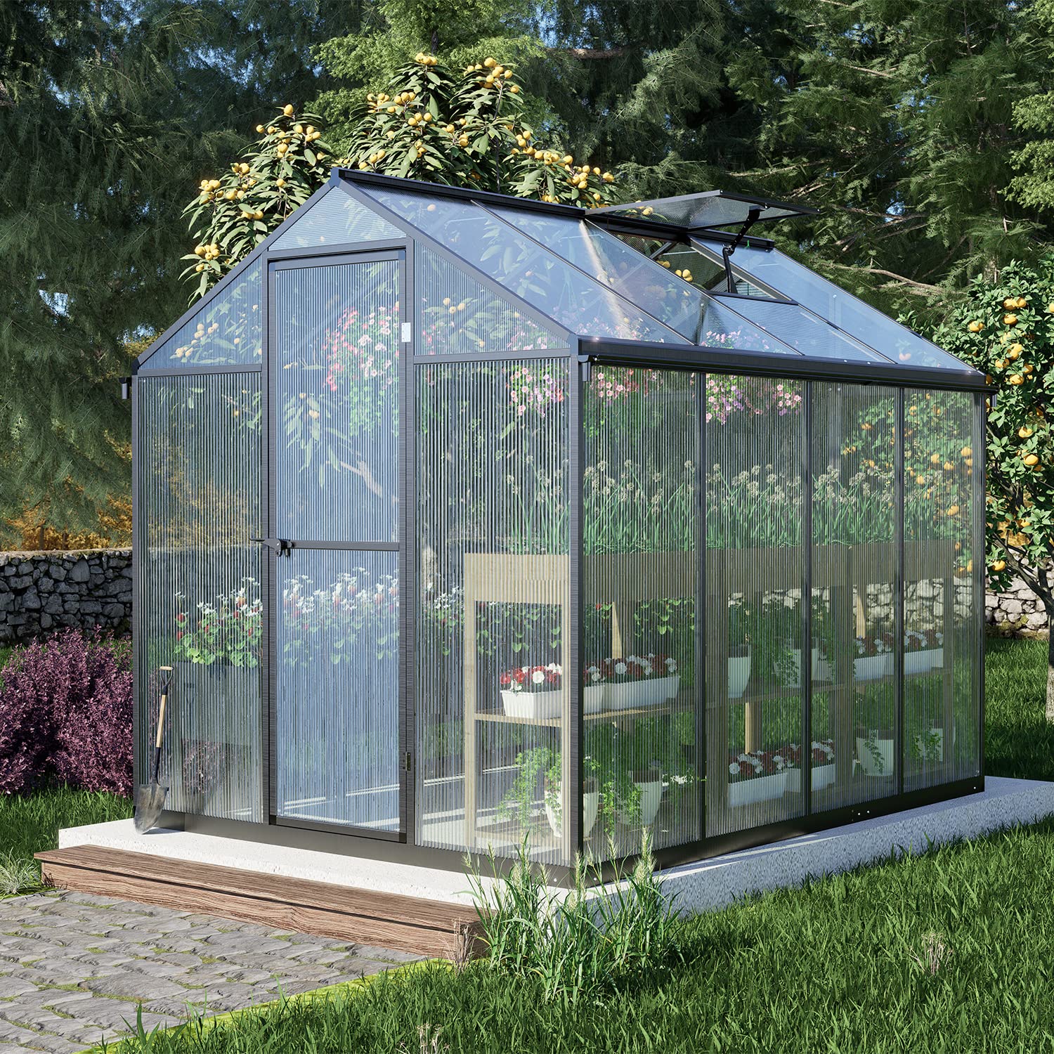 6' x 8' Walk-in Greenhouse Polycarbonate Panel Hobby Greenhouses with Aluminum Frame Heavy Duty with 1 Vent Window & Lockable Door for Outdoor,Patio, Backyard, Garden