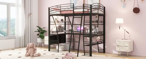 ALYSAHOME Twin Size Loft Bed with 4 Layers of Shelves and L-Shaped Desk, Stylish Metal Frame Bed with a Set of Sockets, USB Ports and Wireless Charging, Black