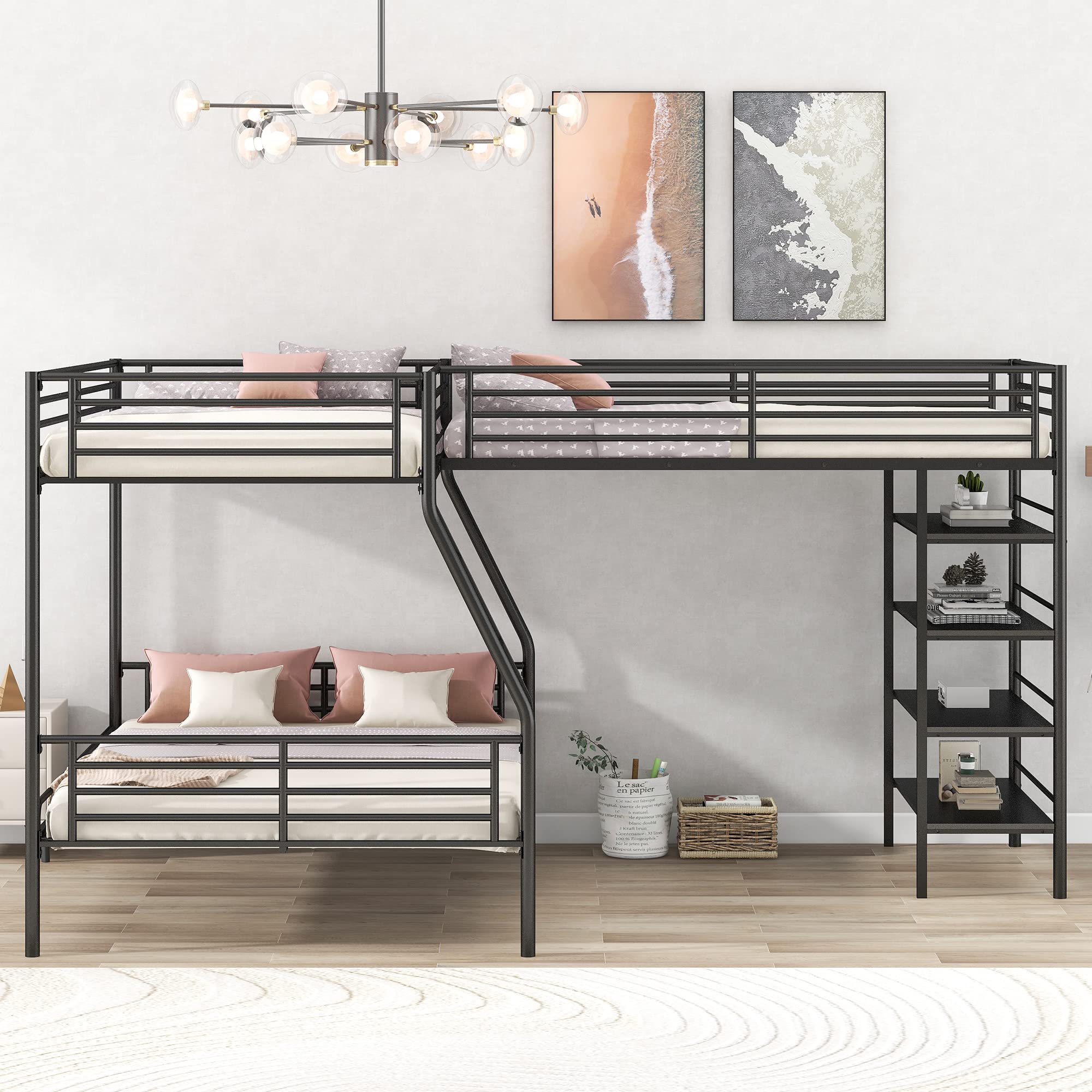 RUNWON Twin Over Full L-Shaped Metal Bunk Bed w/Twin-Size LoftBed with Four Built-in Shelves for Kids Teens Bedroom