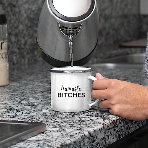 Namaste Bitches Yoga Humor Gift for Yoga Lovers 12oz Enamel Silver Mug