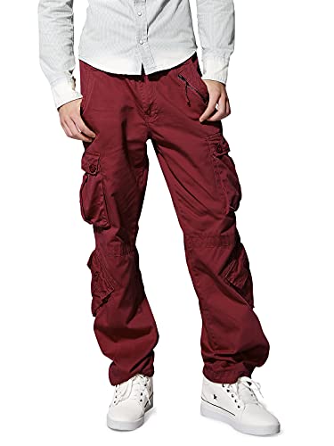 Men's Hiking Cargo Work Pants with 8 Pockets Relax Fit for Casual Army Combat Hunting Outdoor Wine Red 30