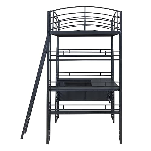 ALYSAHOME Twin Size Loft Bed with 4 Layers of Shelves and L-Shaped Desk, Stylish Metal Frame Bed with a Set of Sockets, USB Ports and Wireless Charging, Black