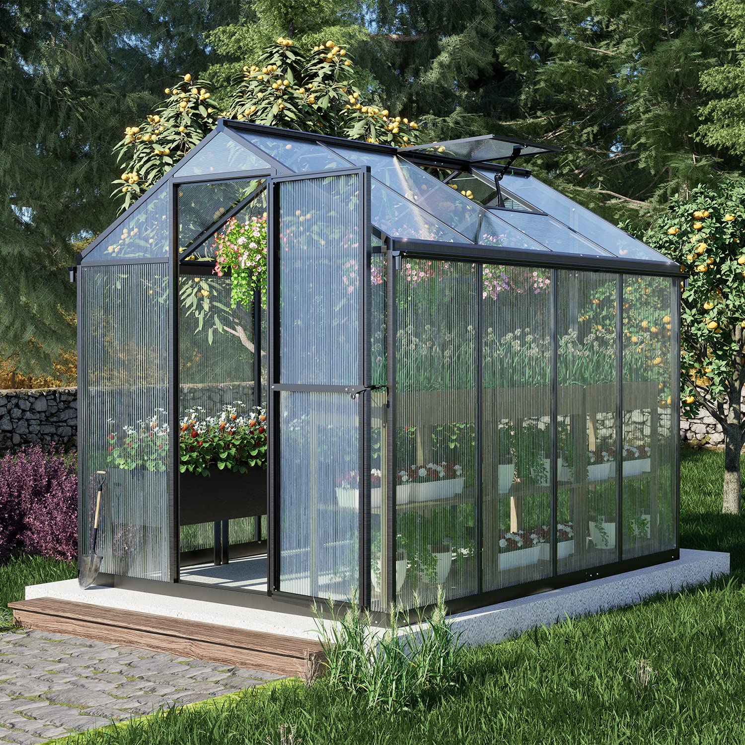 6' x 8' Walk-in Greenhouse Polycarbonate Panel Hobby Greenhouses with Aluminum Frame Heavy Duty with 1 Vent Window & Lockable Door for Outdoor,Patio, Backyard, Garden