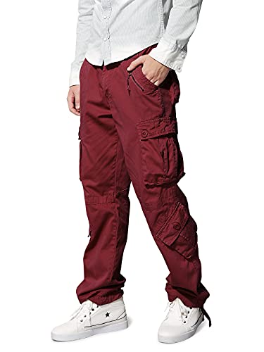 Men's Hiking Cargo Work Pants with 8 Pockets Relax Fit for Casual Army Combat Hunting Outdoor Wine Red 30