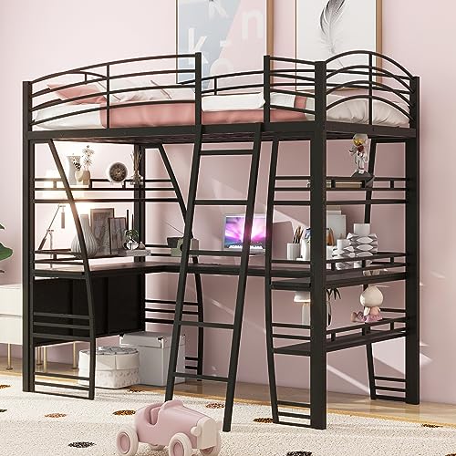ALYSAHOME Twin Size Loft Bed with 4 Layers of Shelves and L-Shaped Desk, Stylish Metal Frame Bed with a Set of Sockets, USB Ports and Wireless Charging, Black