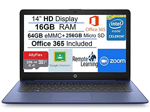 2021 Newest HP Stream 14" HD SVA Laptop Computer, Intel Celeron N4000 Processor, 16GB RAM, 320GB Space(64GB eMMC+256GB MSD), Office 365, HDMI, Bluetooth, Windows 10, Blue, AllyFlex MP, Online Class