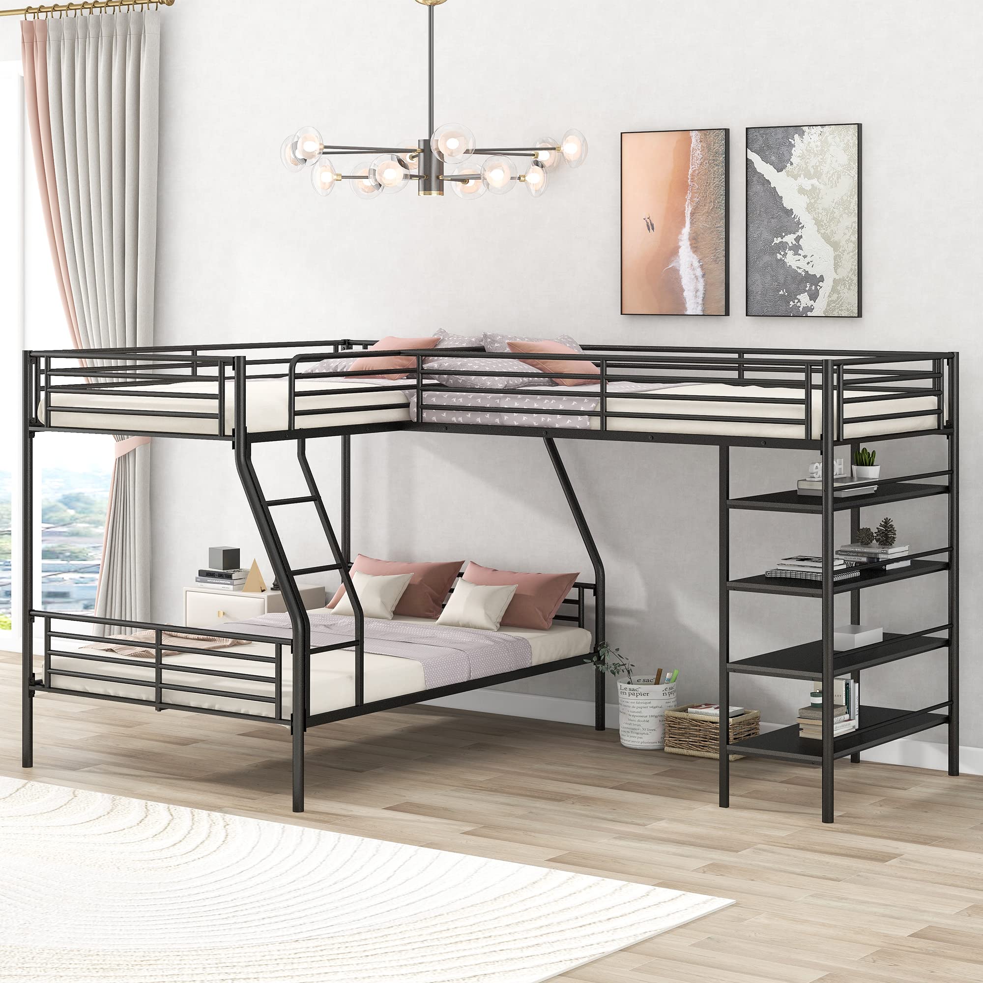 Harper & Bright Designs Metal Twin Over Full Bunk Bed with a Loft Attached, Triple Bunk Bed Frame Built-in Four Storage Shelves, L-Shaped 3 Bed Bunk Beds with Guardrails and Ladders, Black