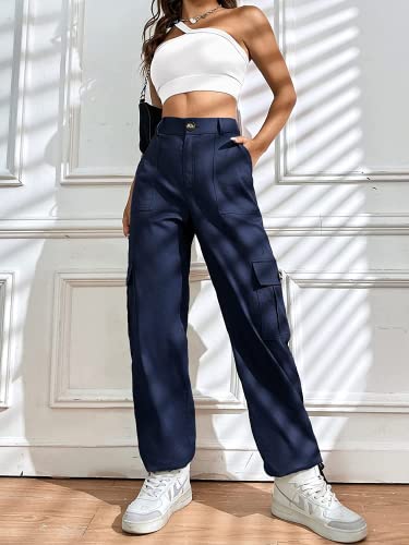 Ailsi Womens Black Casual Cargo Baggy Pants Women High Waisted Work Travel Tactical Pants with Pockets(X-Large,Navy Blue)