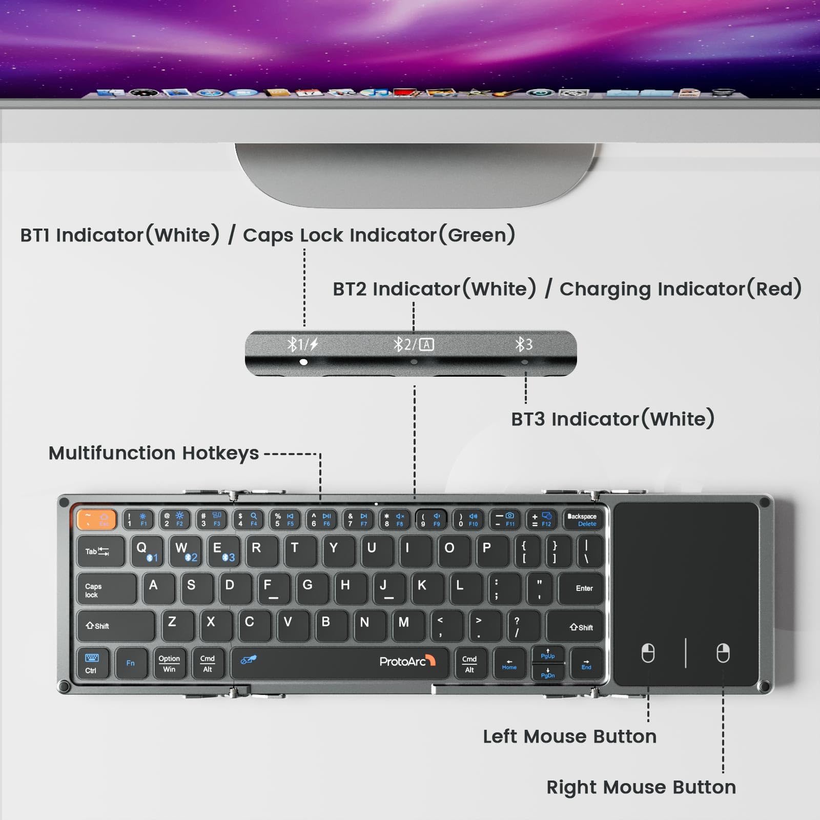 ProtoArc Foldable Bluetooth Keyboard with Touchpad, XK02 Folding Wireless Keyboard for Travel, Pocket-Sized Compact Portable Keyboard for iPad iPhone Tablet Laptop Windows iOS Android