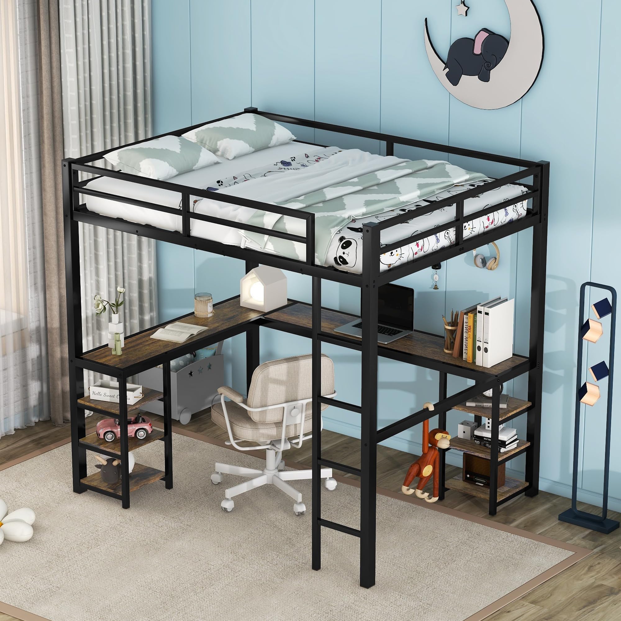 GJHOME Full Metal Loft Bed with Desk and Shelves, Loft Bed with Ladder and Guardrails, Loft Bed Frame for Bedroom (Black)