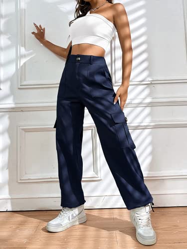 Ailsi Womens Black Casual Cargo Baggy Pants Women High Waisted Work Travel Tactical Pants with Pockets(X-Large,Navy Blue)