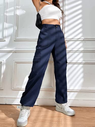 Ailsi Womens Black Casual Cargo Baggy Pants Women High Waisted Work Travel Tactical Pants with Pockets(X-Large,Navy Blue)