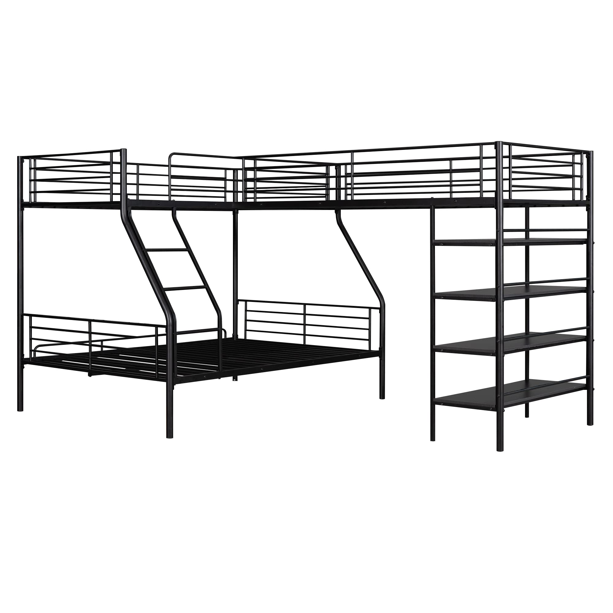 Harper & Bright Designs Metal Twin Over Full Bunk Bed with a Loft Attached, Triple Bunk Bed Frame Built-in Four Storage Shelves, L-Shaped 3 Bed Bunk Beds with Guardrails and Ladders, Black