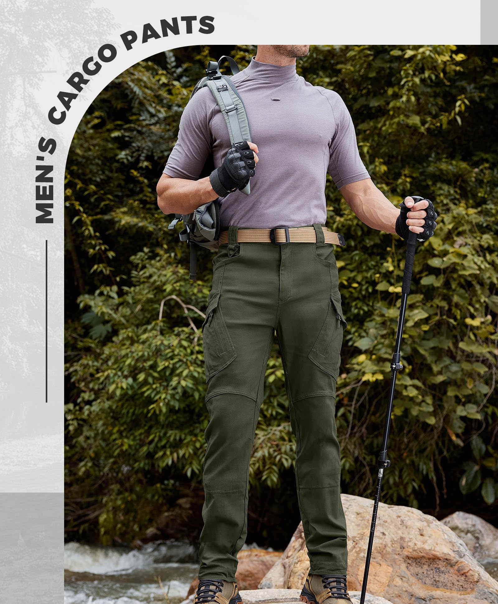 Susclude Men's Tactical Pants Stretch, 9 Pockets Rip Stop Lightweight Cargo Work Military Trousers Outdoor Hiking Plus Size Pants Gray Green 38Wx30L