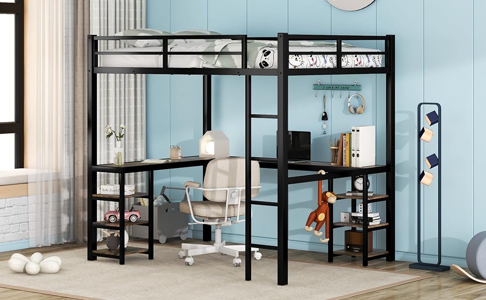 GJHOME Full Metal Loft Bed with Desk and Shelves, Loft Bed with Ladder and Guardrails, Loft Bed Frame for Bedroom (Black)
