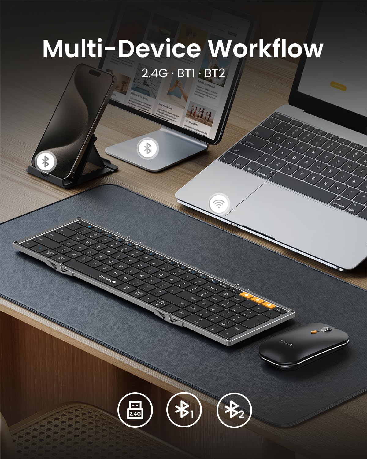 ProtoArc Foldable Keyboard and Mouse, XKM01 True Full-Size Folding Keyboard Mouse Combo for Business and Travel, 2.4G+Dual Bluetooth Portable Mouse Keyboard for Laptop iPads Tablets - Black Gray