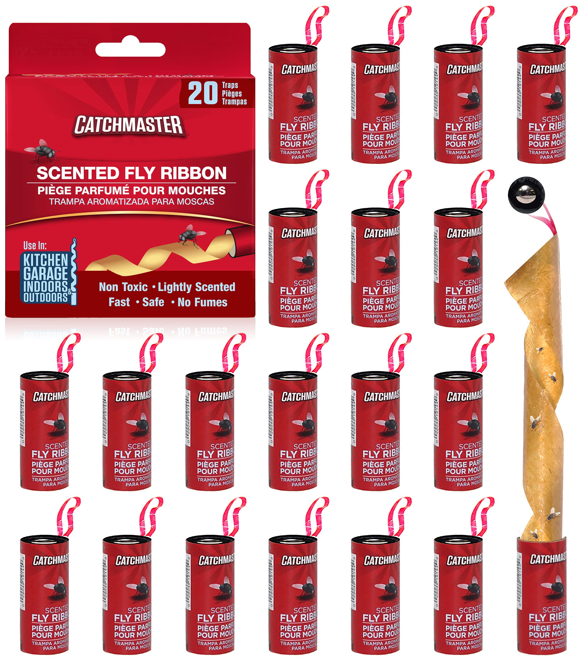 Catchmaster Fly Trap Bundle, Fly Ribbon 20-Pack & Outdoor Fly Jar, for Garage, Backyard, Pool, Patio & Camping