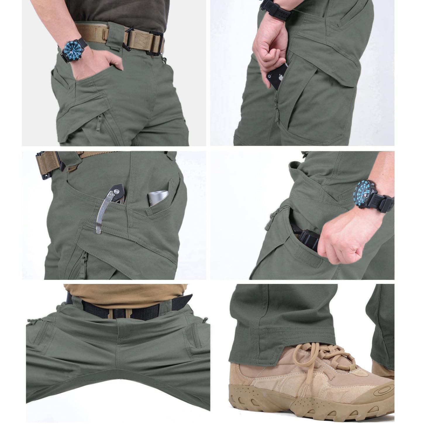 Susclude Men's Tactical Pants Stretch, 9 Pockets Rip Stop Lightweight Cargo Work Military Trousers Outdoor Hiking Plus Size Pants Gray Green 38Wx30L