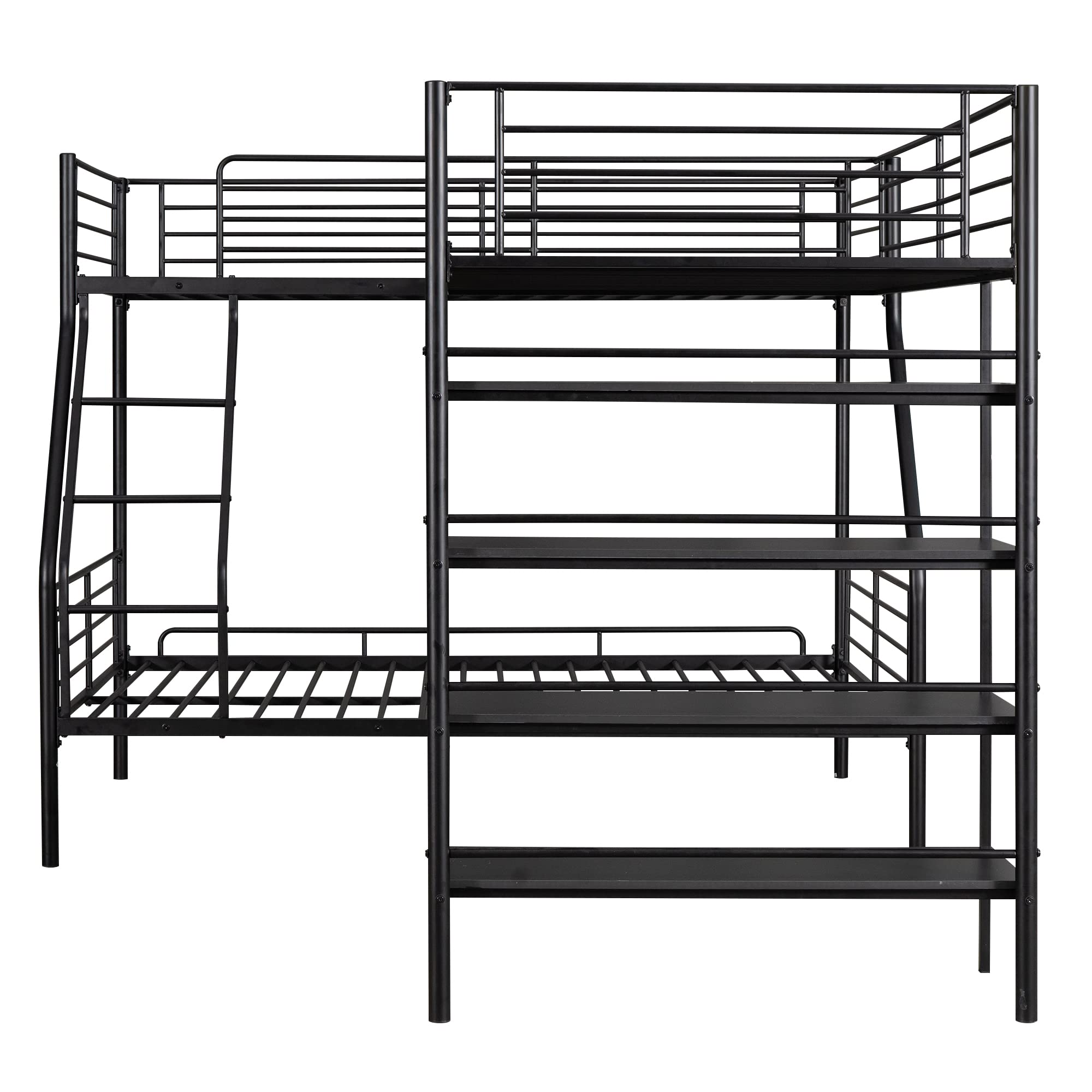 Harper & Bright Designs Metal Twin Over Full Bunk Bed with a Loft Attached, Triple Bunk Bed Frame Built-in Four Storage Shelves, L-Shaped 3 Bed Bunk Beds with Guardrails and Ladders, Black