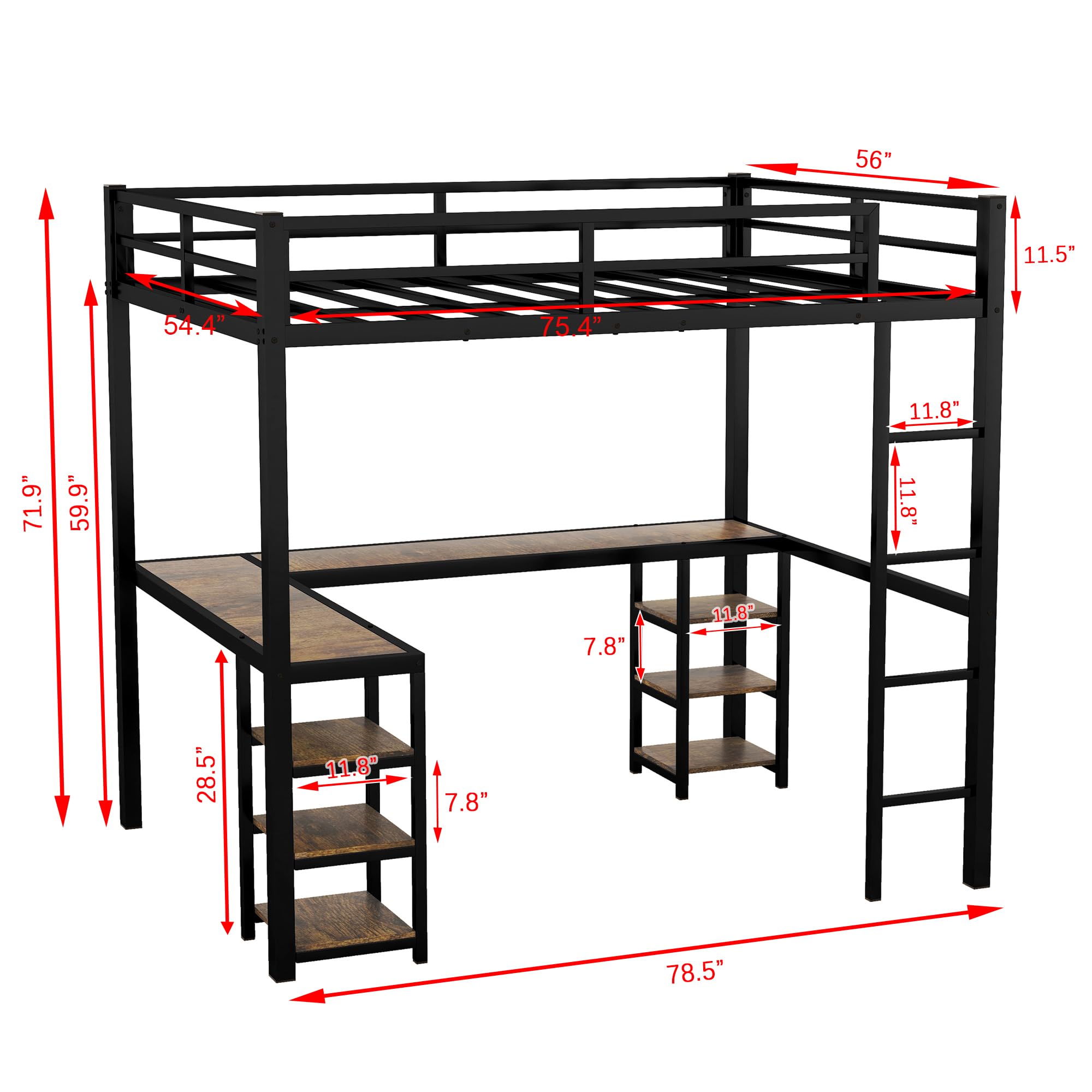 GJHOME Full Metal Loft Bed with Desk and Shelves, Loft Bed with Ladder and Guardrails, Loft Bed Frame for Bedroom (Black)