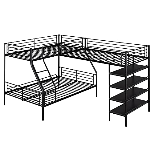 WOXYX Twin Over Full L-Shaped Metal Bunk Bed and Twin Size Loft Bedframe with Four Built-in Shelves,Black