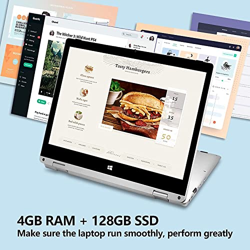 Windows Laptop, 2 in 1 Laptop with Touchscreen, 11.6 inch FHD Laptop Computer, 4GB RAM, 128GB SSD Storage, 360 Degree Convertible Tablet Intel Celeron N4020 Processor, Webcam, WiFi, Type-C, Silver