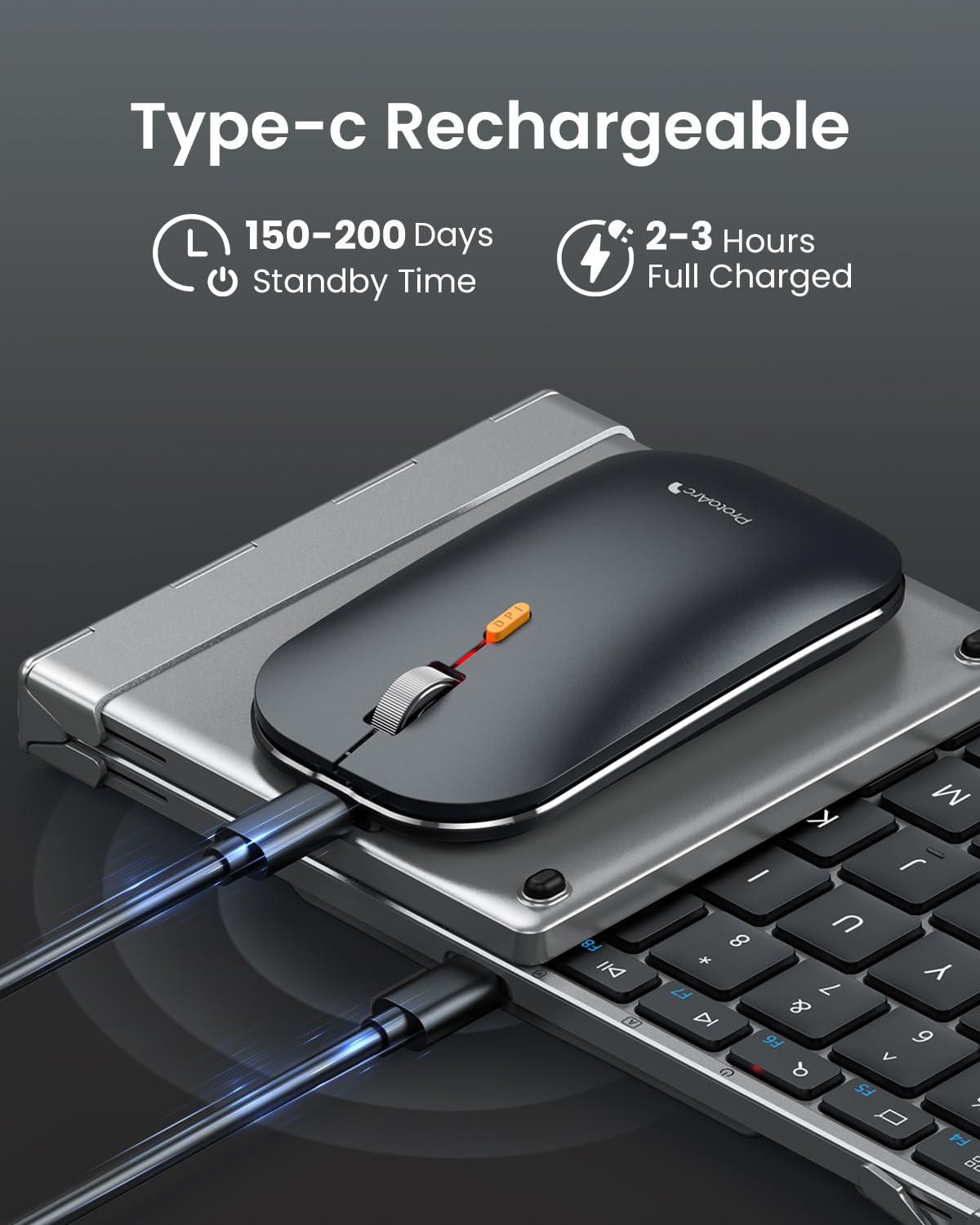 ProtoArc Foldable Keyboard and Mouse, XKM01 True Full-Size Folding Keyboard Mouse Combo for Business and Travel, 2.4G+Dual Bluetooth Portable Mouse Keyboard for Laptop iPads Tablets - Black Gray