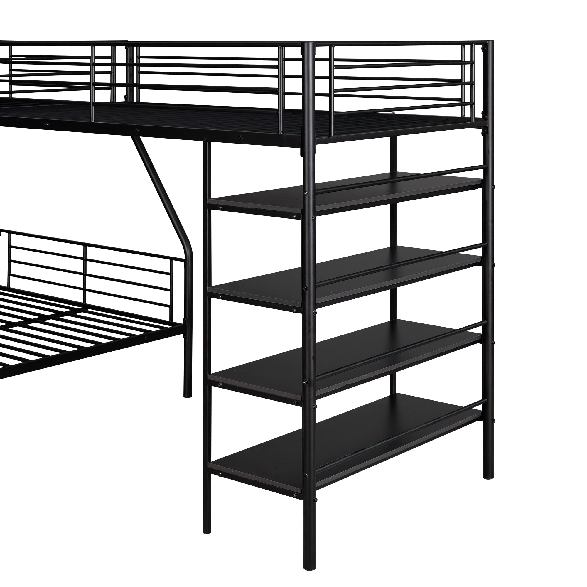 Harper & Bright Designs Metal Twin Over Full Bunk Bed with a Loft Attached, Triple Bunk Bed Frame Built-in Four Storage Shelves, L-Shaped 3 Bed Bunk Beds with Guardrails and Ladders, Black