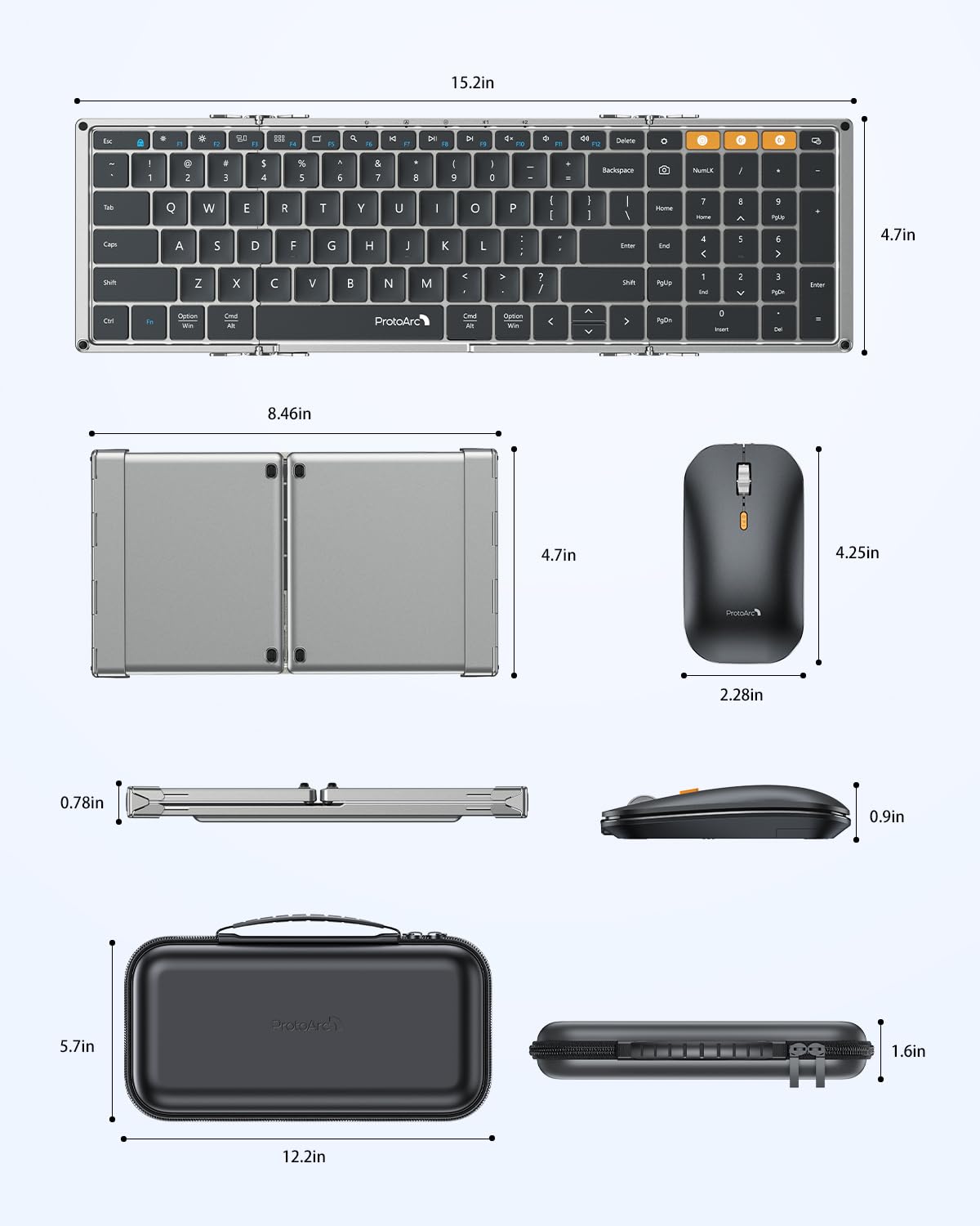 ProtoArc Foldable Keyboard and Mouse, XKM01 True Full-Size Folding Keyboard Mouse Combo for Business and Travel, 2.4G+Dual Bluetooth Portable Mouse Keyboard for Laptop iPads Tablets - Black Gray