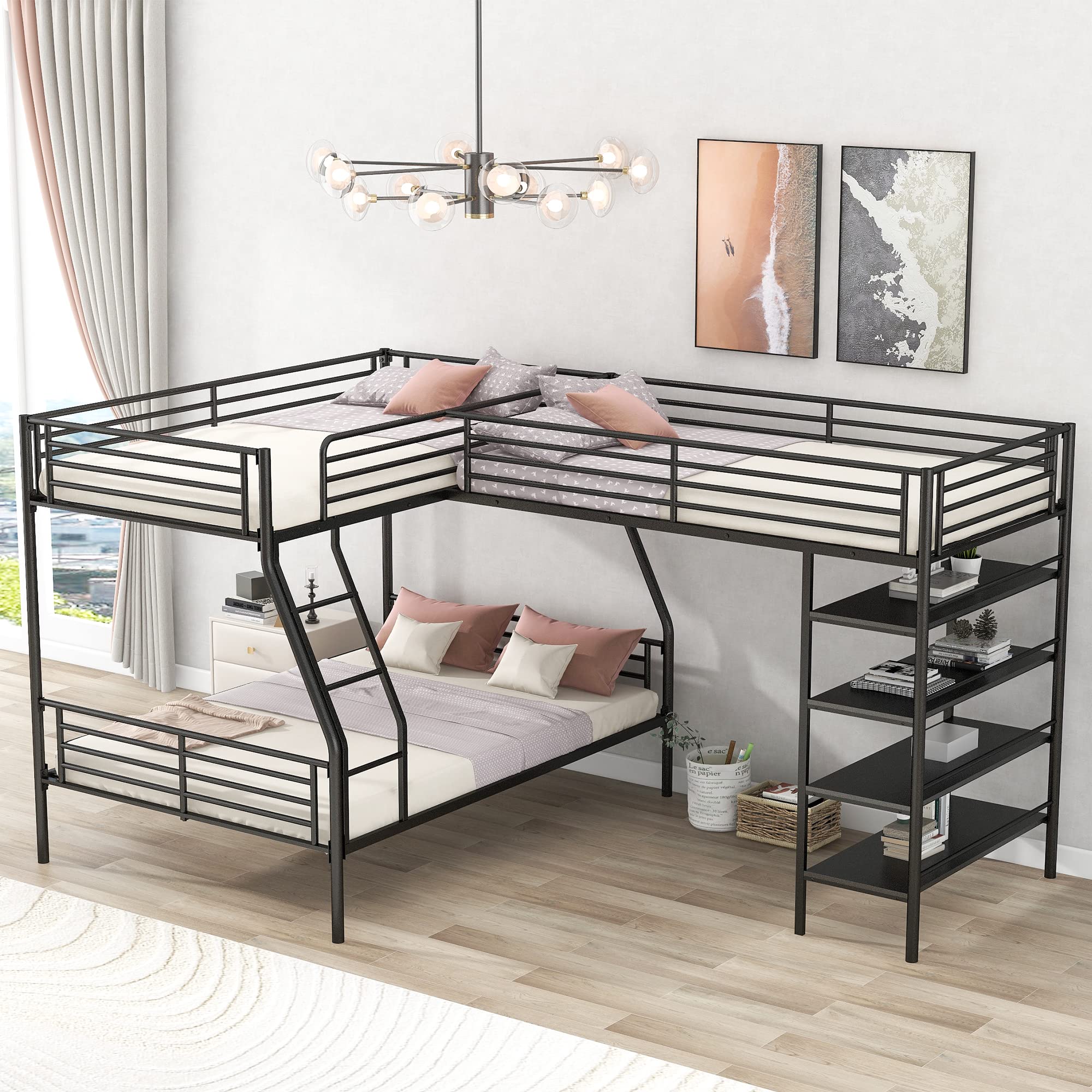 Harper & Bright Designs Metal Twin Over Full Bunk Bed with a Loft Attached, Triple Bunk Bed Frame Built-in Four Storage Shelves, L-Shaped 3 Bed Bunk Beds with Guardrails and Ladders, Black