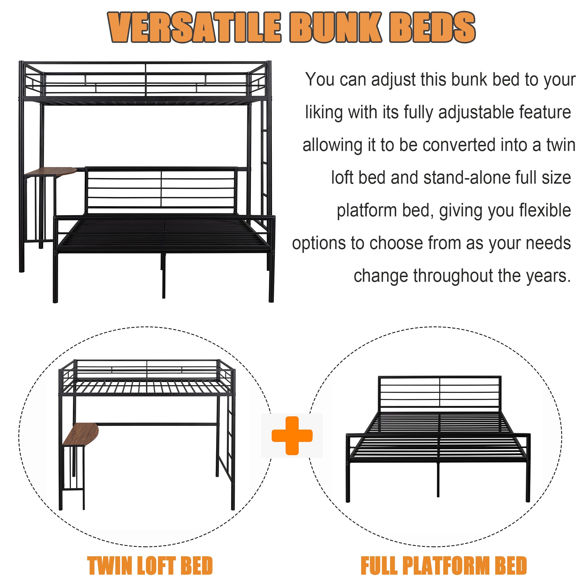 Harper & Bright Designs Metal Bunk Beds Twin Over Full Size,Bunk Beds with Desk, L Shaped Bunk Beds with Built-in Ladder, Full-Length Guardrail, No Box Spring Needed,Black