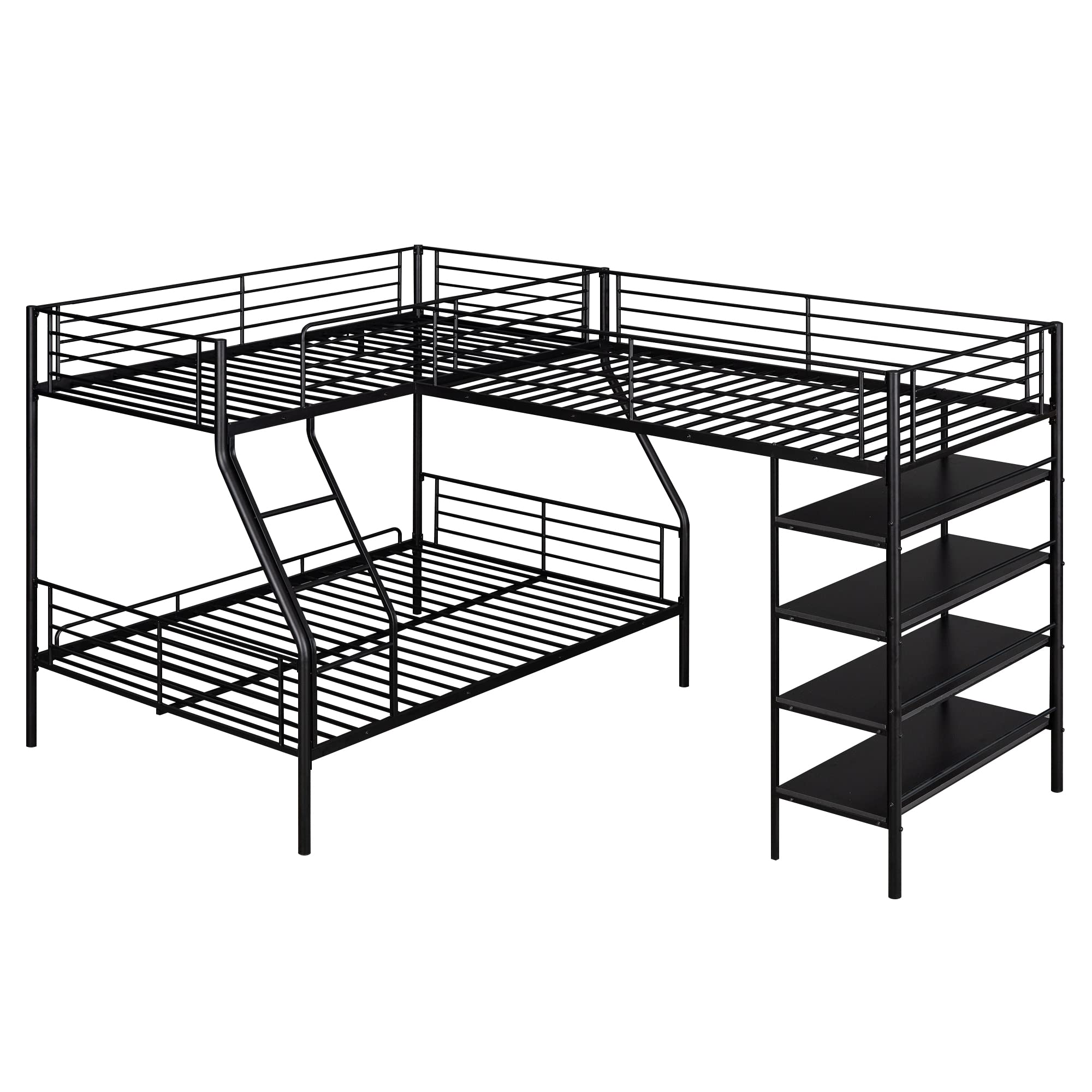 Harper & Bright Designs Metal Twin Over Full Bunk Bed with a Loft Attached, Triple Bunk Bed Frame Built-in Four Storage Shelves, L-Shaped 3 Bed Bunk Beds with Guardrails and Ladders, Black