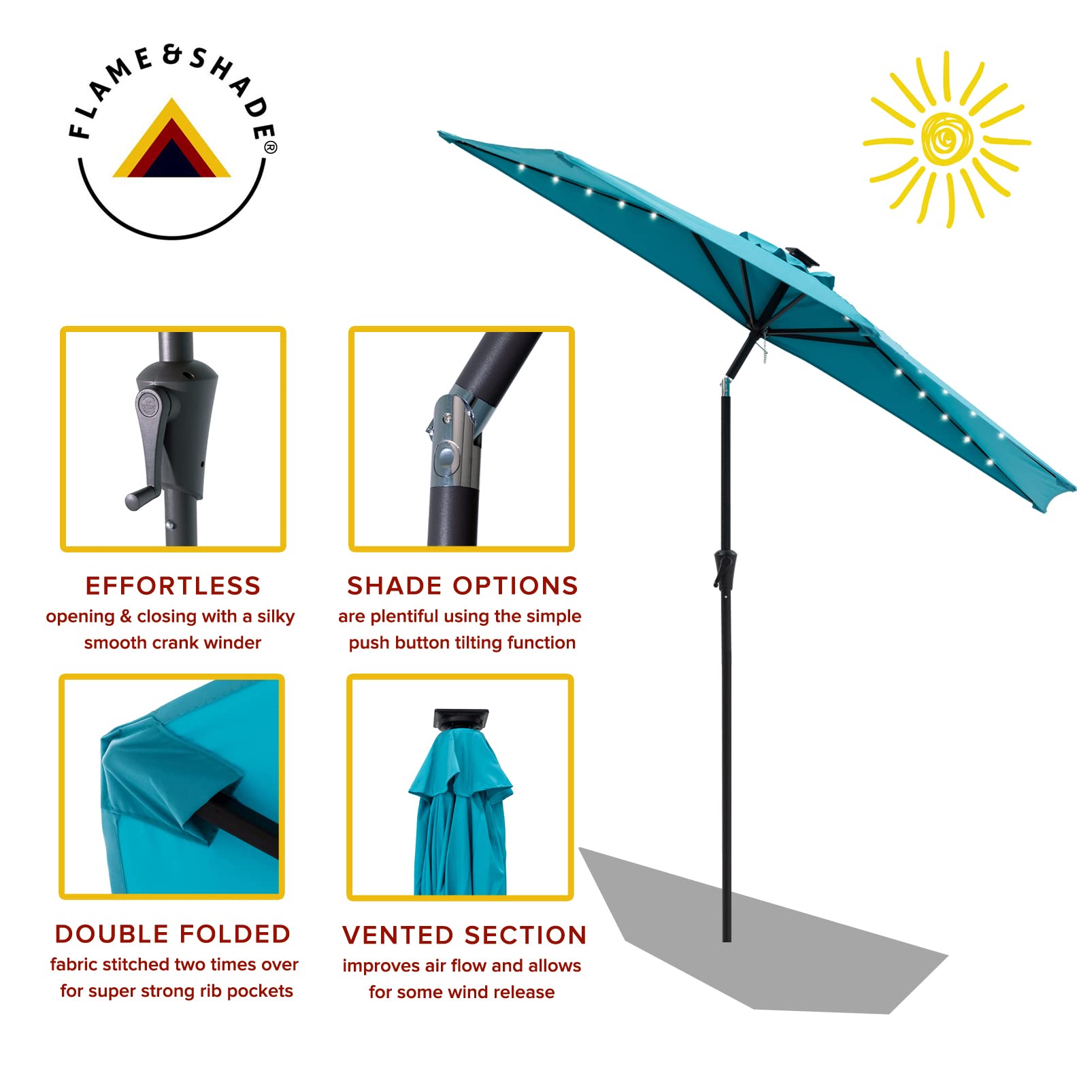 FLAME&SHADE 9 ft Half Round Solar Powered Outdoor Market Patio Table Umbrella for Wall Balcony with LED Lights and Tilt, Aqua Blue