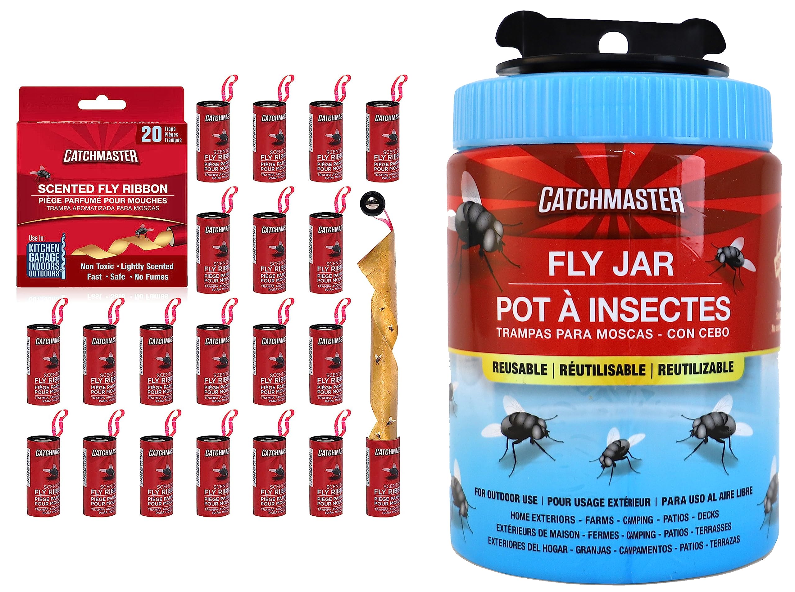 Catchmaster Fly Trap Bundle, Fly Ribbon 20-Pack & Outdoor Fly Jar, for Garage, Backyard, Pool, Patio & Camping