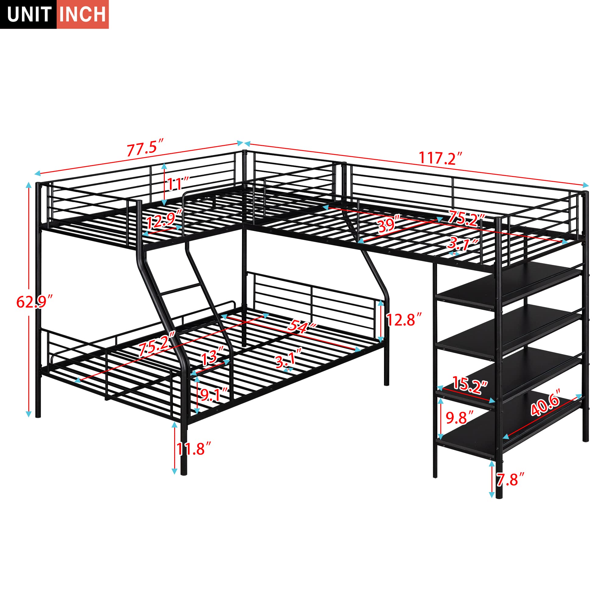 Harper & Bright Designs Metal Twin Over Full Bunk Bed with a Loft Attached, Triple Bunk Bed Frame Built-in Four Storage Shelves, L-Shaped 3 Bed Bunk Beds with Guardrails and Ladders, Black