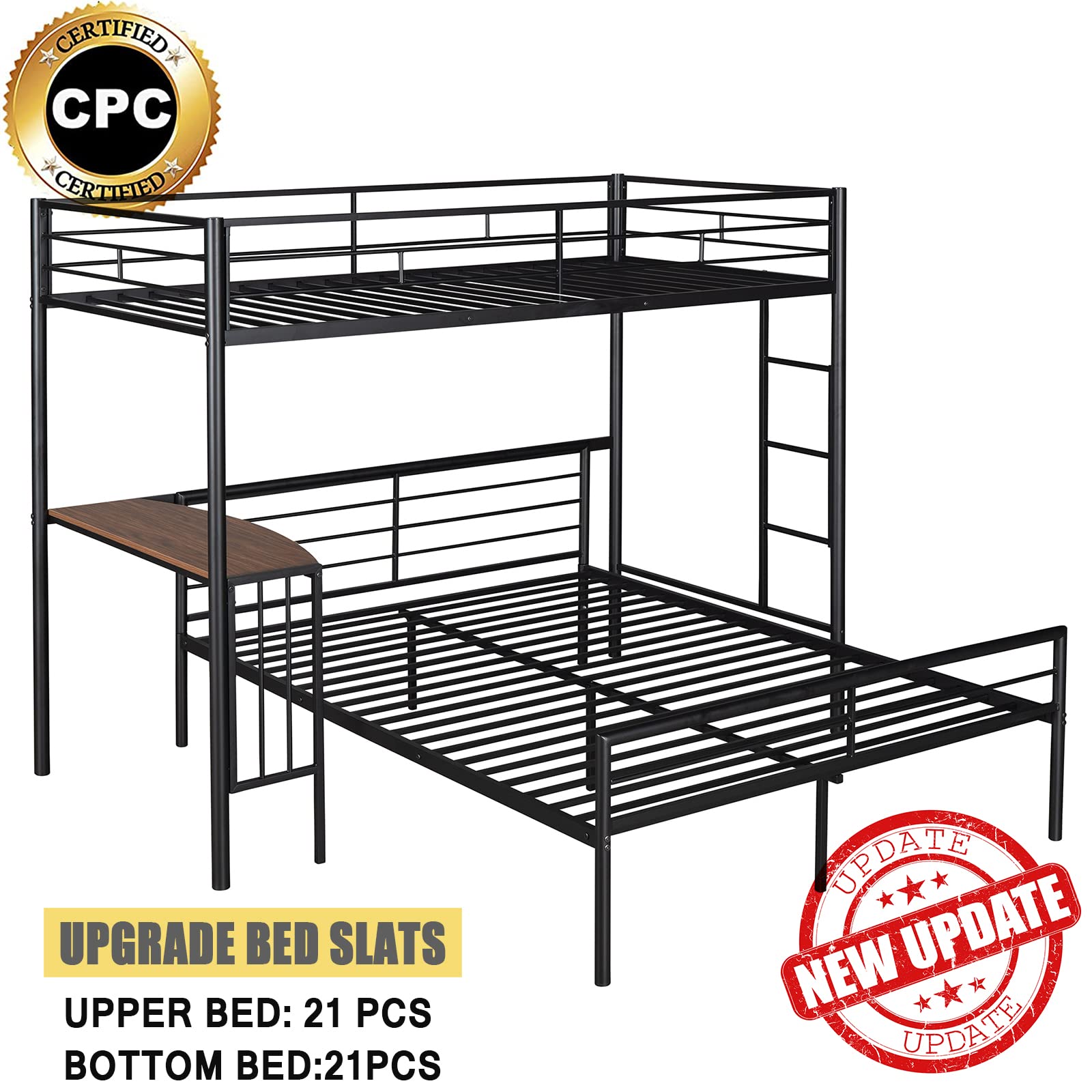Harper & Bright Designs Metal Bunk Beds Twin Over Full Size,Bunk Beds with Desk, L Shaped Bunk Beds with Built-in Ladder, Full-Length Guardrail, No Box Spring Needed,Black