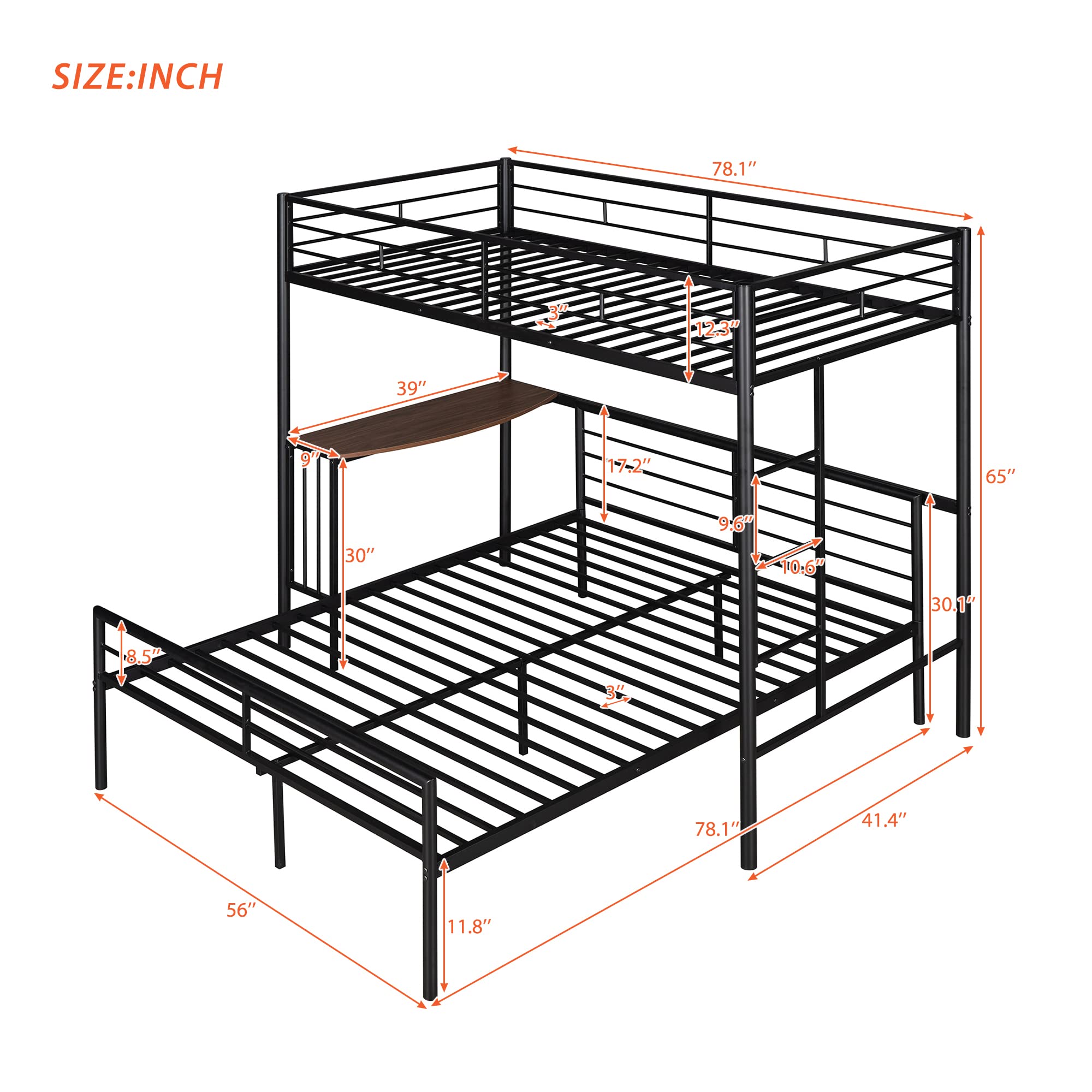 Harper & Bright Designs Metal Bunk Beds Twin Over Full Size,Bunk Beds with Desk, L Shaped Bunk Beds with Built-in Ladder, Full-Length Guardrail, No Box Spring Needed,Black