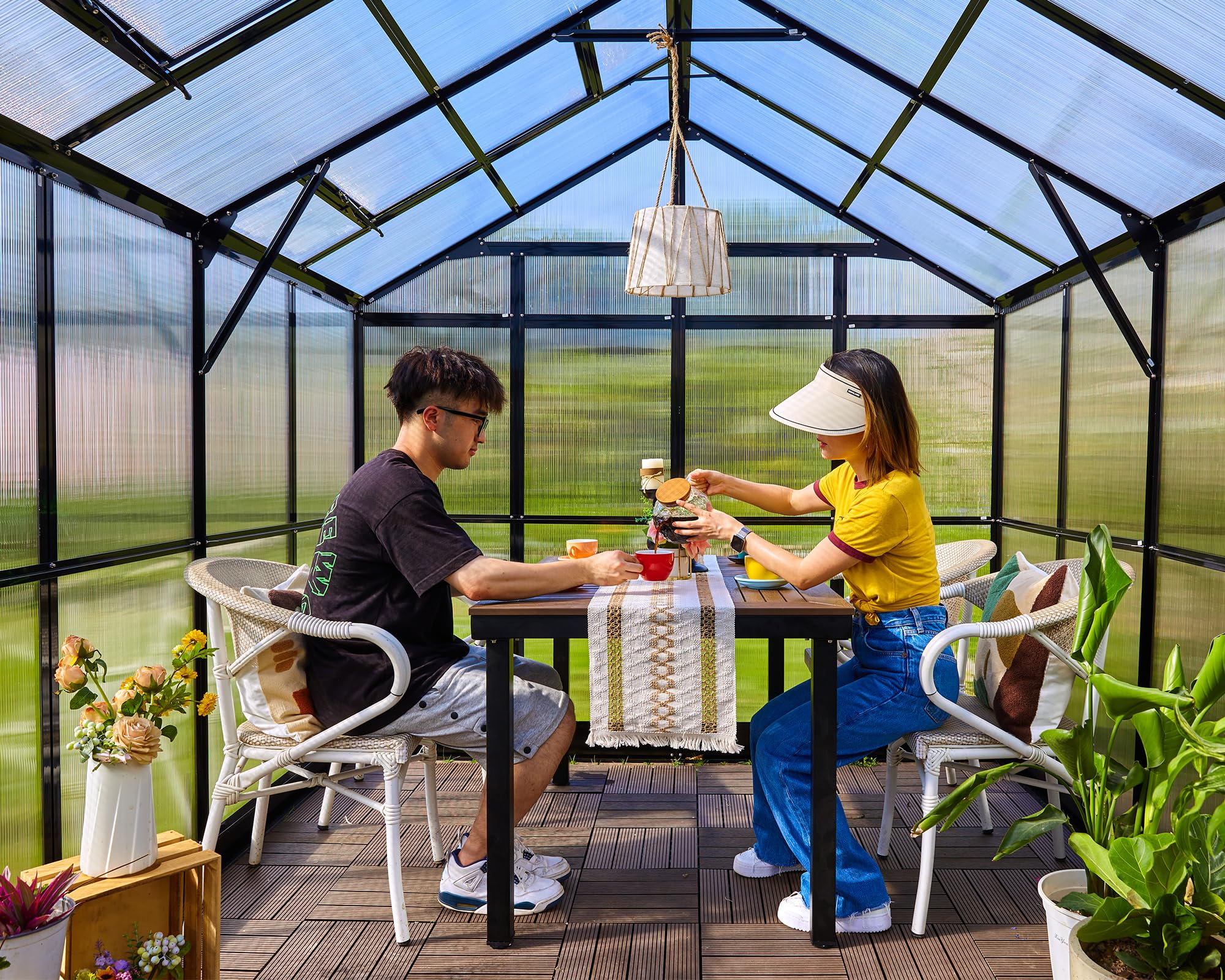 Jocisland 7.5x9.4x7.4 FT Outdoor Aluminum Polycarbonate Greenhouse with Ventilation and Rain Gutter, 2 Swing Doors with Hook, Walk in Greenhouse for Outdoors Backyard Garden