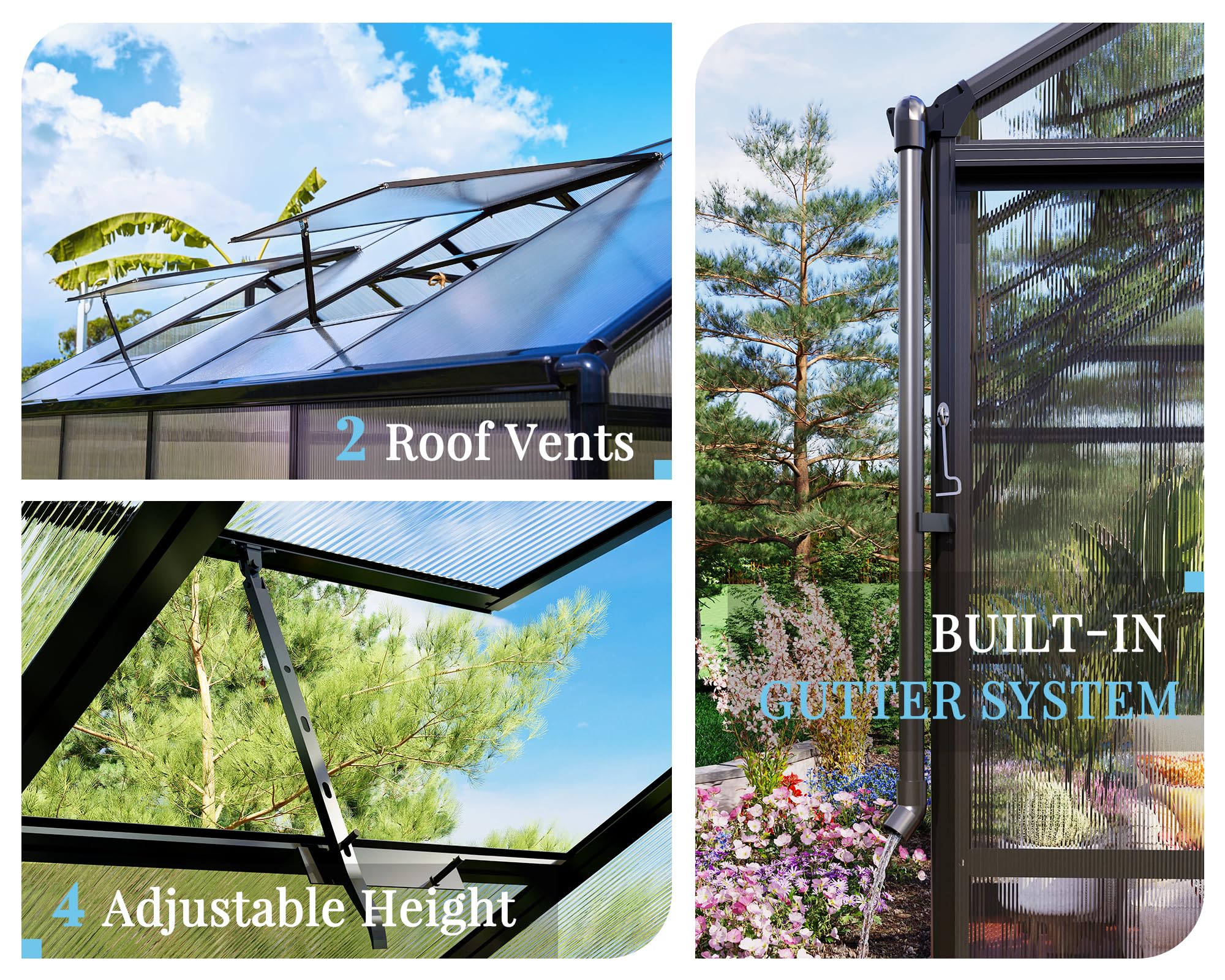 Jocisland 7.5x9.4x7.4 FT Outdoor Aluminum Polycarbonate Greenhouse with Ventilation and Rain Gutter, 2 Swing Doors with Hook, Walk in Greenhouse for Outdoors Backyard Garden
