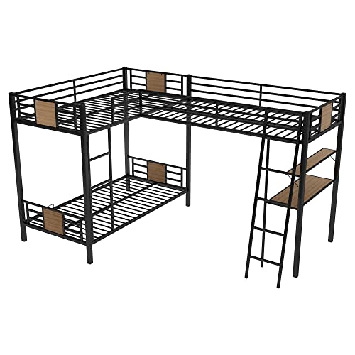 BOVZA Metal Triple Bunk Bed, L Shaped Twin Over Twin Bunk Bed and Twin Size Loft Bed with Desk and Shelf, 3 Bunk Beds for Kids Teens Adults, Brown